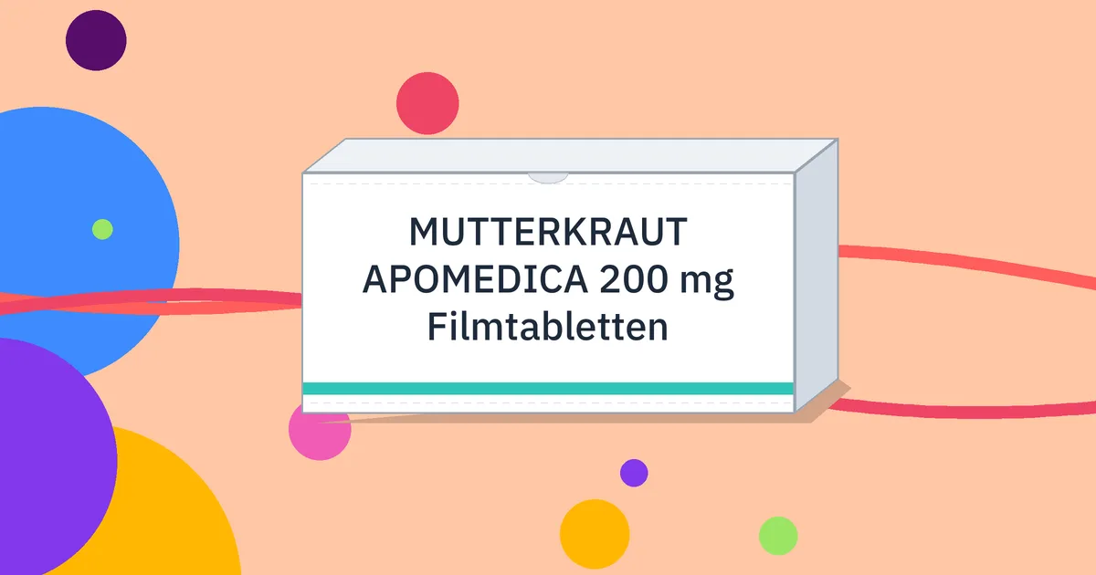 Symbolbild: Packung mit der Aufschrift MUTTERKRAUT APOMEDICA 200 mg Filmtabletten (PZN 19374157) – Verfügbarkeit und Bezug in Apotheken in Frankfurt am Main