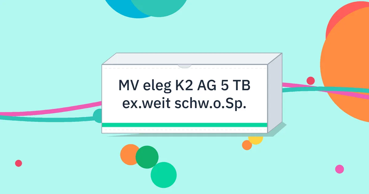 Symbolbild: Packung mit der Aufschrift MV eleg K2 AG 5 TB ex.weit schw.o.Sp. (PZN 09878164) – Verfügbarkeit und Bezug in Apotheken in Frankfurt am Main