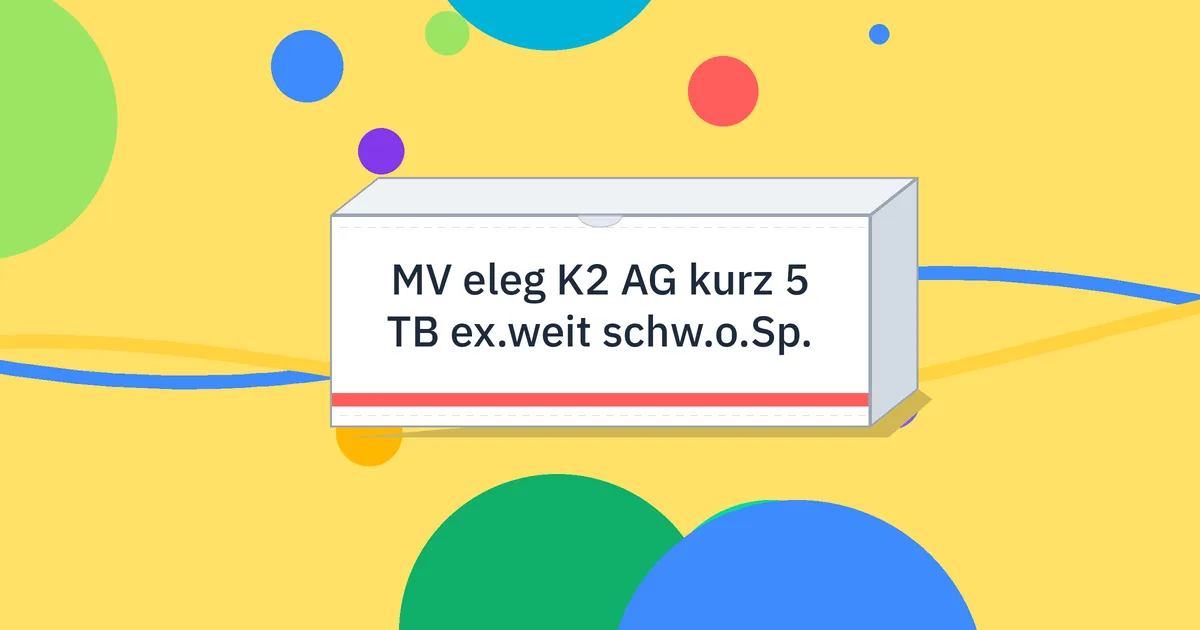 Symbolbild: Packung mit der Aufschrift MV eleg K2 AG kurz 5 TB ex.weit schw.o.Sp. (PZN 09880942) – Verfügbarkeit und Bezug in Apotheken in Frankfurt am Main