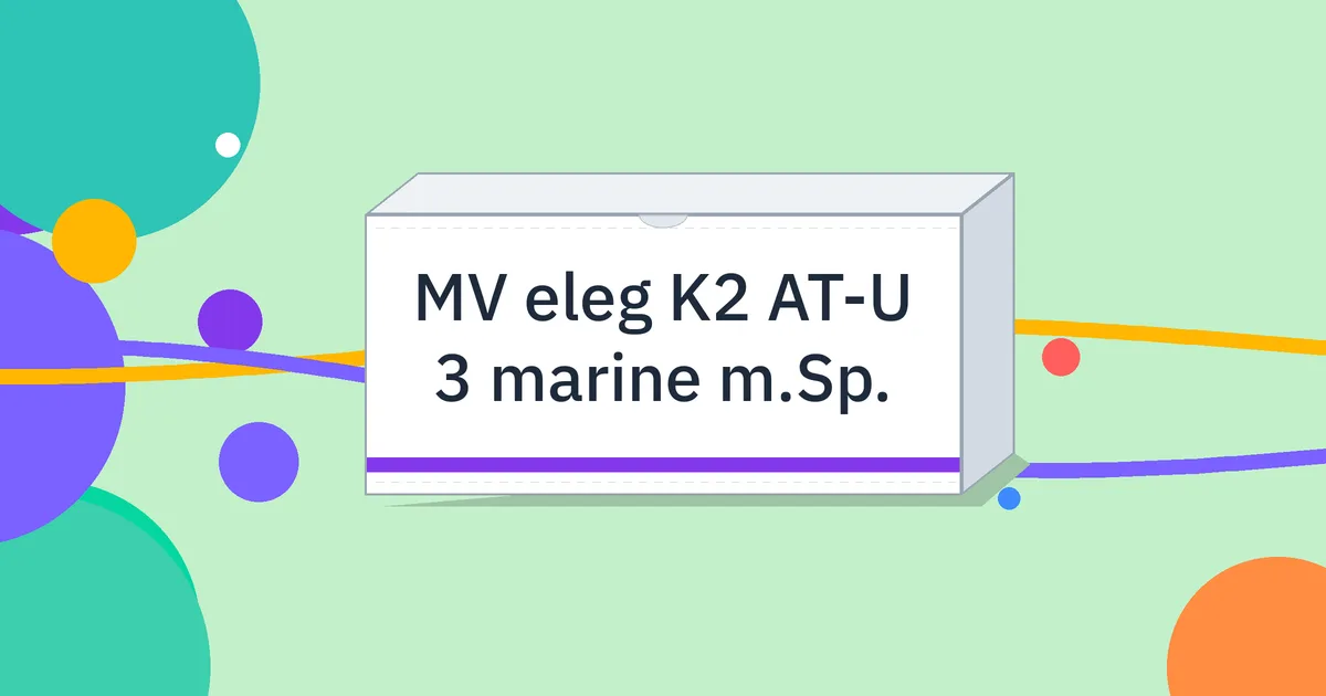 Symbolbild: Packung mit der Aufschrift MV eleg K2 AT-U 3 marine m.Sp. (PZN 15290713) – Verfügbarkeit und Bezug in Apotheken in Frankfurt am Main