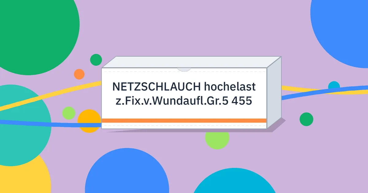 Symbolbild: Packung mit der Aufschrift NETZSCHLAUCH hochelast z.Fix.v.Wundaufl.Gr.5 455 (PZN 04303861) – Verfügbarkeit und Bezug in Apotheken in Frankfurt am Main