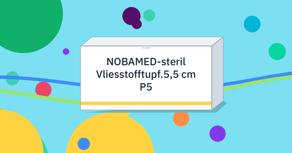 Symbolbild: Packung mit der Aufschrift NOBAMED-steril Vliesstofftupf.5,5 cm P5 (PZN 11048636) – Verfügbarkeit und Bezug in Apotheken in Frankfurt am Main