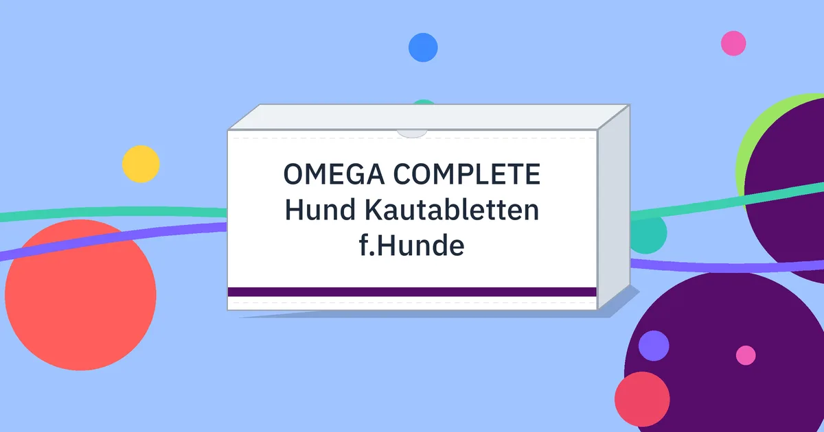 Symbolbild: Packung mit der Aufschrift OMEGA COMPLETE Hund Kautabletten f.Hunde (PZN 16678715) – Verfügbarkeit und Bezug in Apotheken in Frankfurt am Main