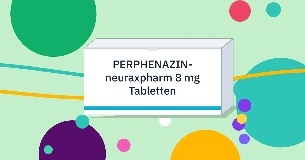 Symbolbild: Packung mit der Aufschrift PERPHENAZIN-neuraxpharm 8 mg Tabletten (PZN 02098718) – Verfügbarkeit und Bezug in Apotheken in Frankfurt am Main