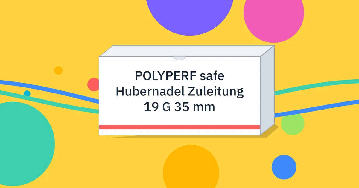 Symbolbild: Packung mit der Aufschrift POLYPERF safe Hubernadel Zuleitung 19 G 35 mm (PZN 13866296) – Verfügbarkeit und Bezug in Apotheken in Frankfurt am Main