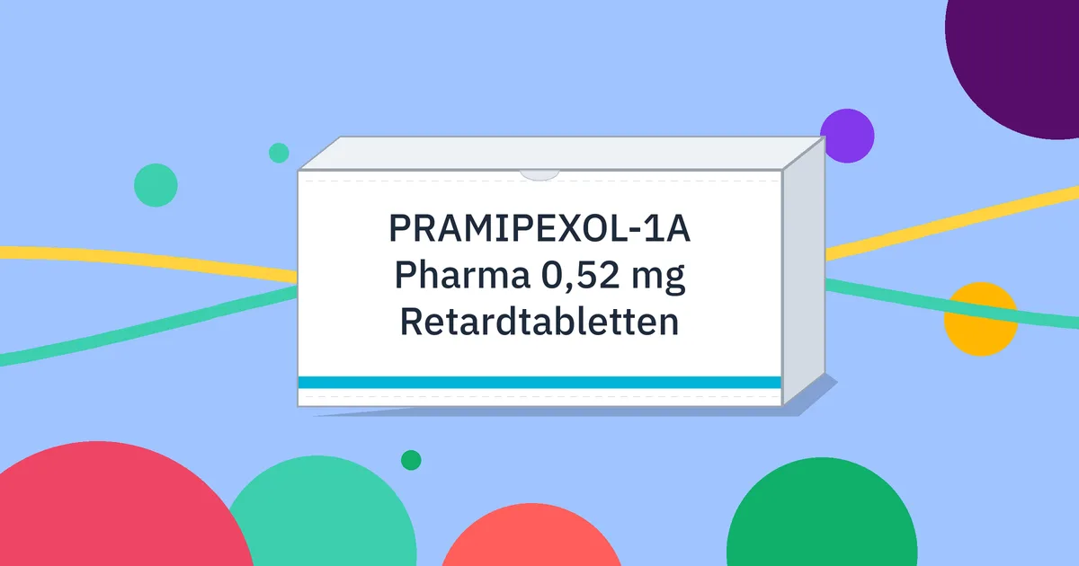 Symbolbild: Packung mit der Aufschrift PRAMIPEXOL-1A Pharma 0,52 mg Retardtabletten (PZN 07604244) – Verfügbarkeit und Bezug in Apotheken in Frankfurt am Main