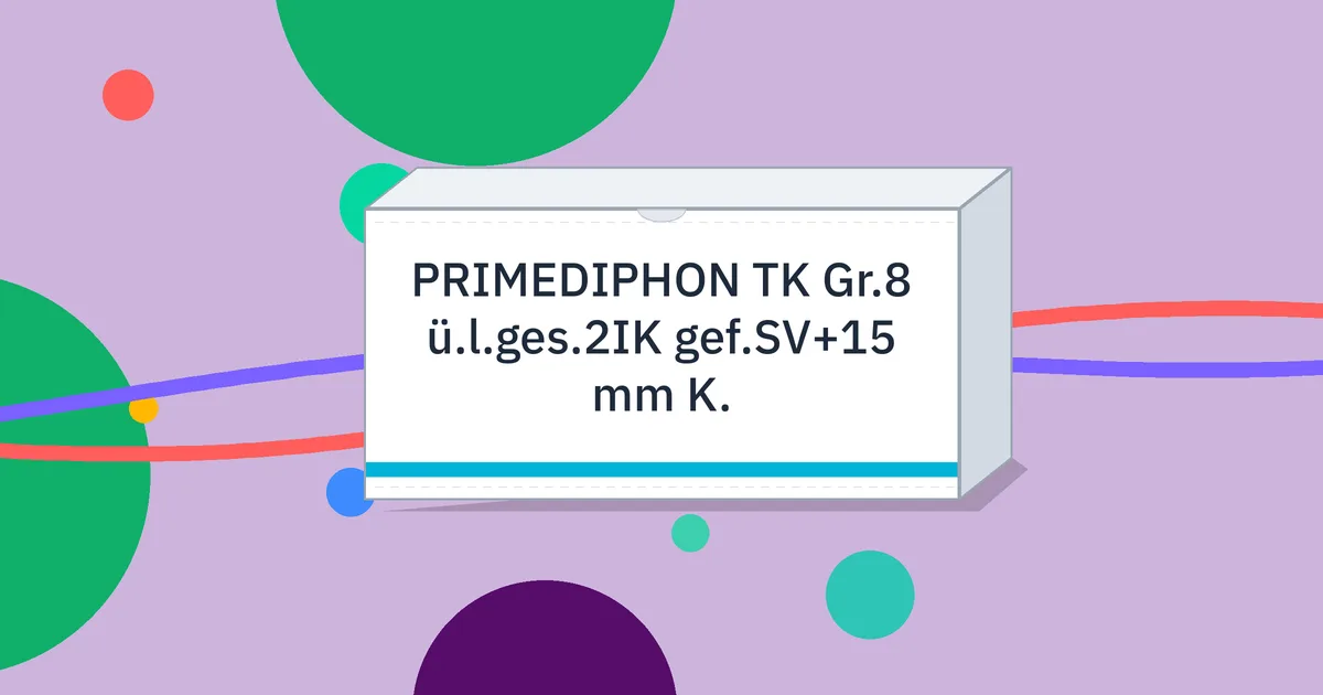 Symbolbild: Packung mit der Aufschrift PRIMEDIPHON TK Gr.8 ü.l.ges.2IK gef.SV+15 mm K. (PZN 11375855) – Verfügbarkeit und Bezug in Apotheken in Frankfurt am Main
