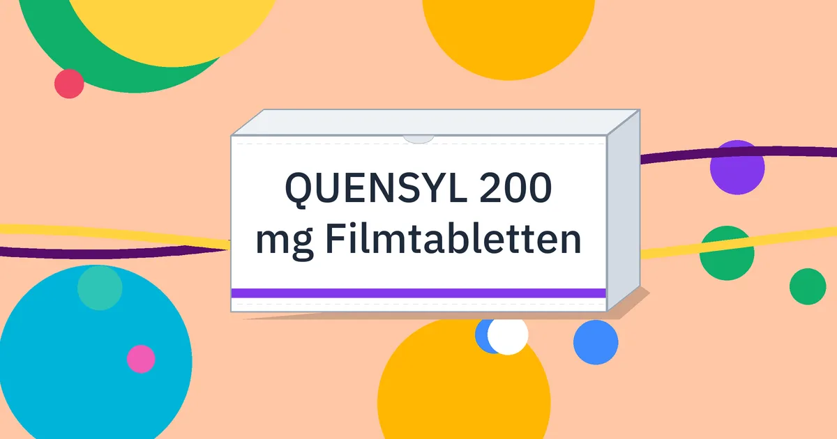 Symbolbild: Packung mit der Aufschrift QUENSYL 200 mg Filmtabletten (PZN 04596857) – Verfügbarkeit und Bezug in Apotheken in Frankfurt am Main