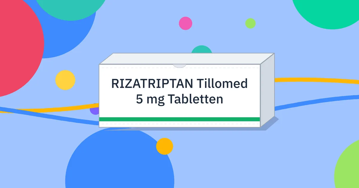 Symbolbild: Packung mit der Aufschrift RIZATRIPTAN Tillomed 5 mg Tabletten (PZN 16382587) – Verfügbarkeit und Bezug in Apotheken in Frankfurt am Main