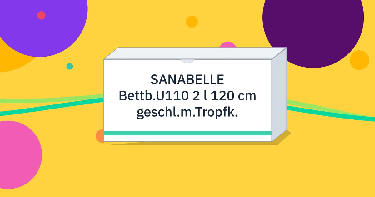 Symbolbild: Packung mit der Aufschrift SANABELLE Bettb.U110 2 l 120 cm geschl.m.Tropfk. (PZN 05973078) – Verfügbarkeit und Bezug in Apotheken in Frankfurt am Main