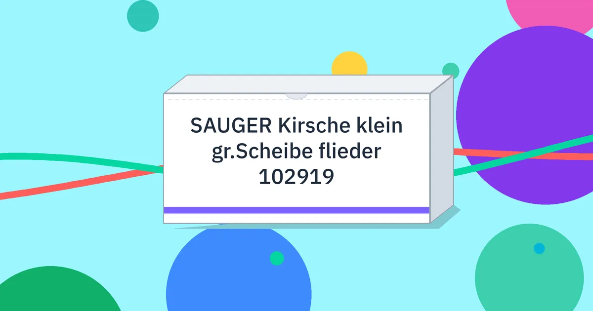 Symbolbild: Packung mit der Aufschrift SAUGER Kirsche klein gr.Scheibe flieder 102919 (PZN 03872002) – Verfügbarkeit und Bezug in Apotheken in Frankfurt am Main