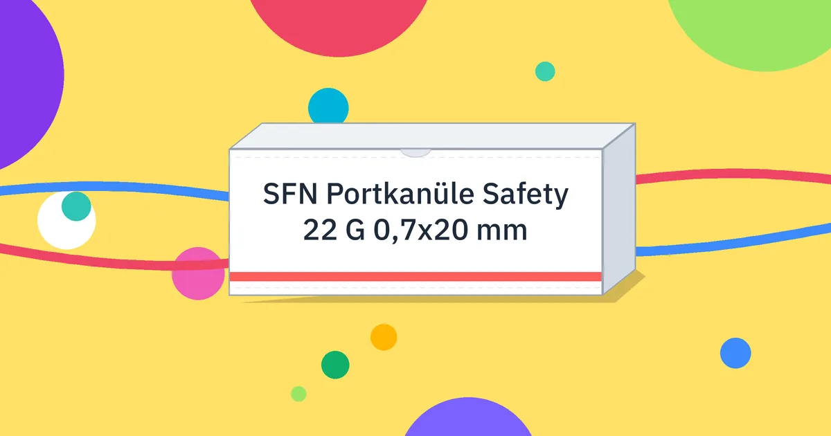 Symbolbild: Packung mit der Aufschrift SFN Portkanüle Safety 22 G 0,7x20 mm (PZN 07781615) – Verfügbarkeit und Bezug in Apotheken in Frankfurt am Main