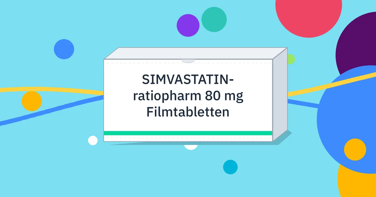 Symbolbild: Packung mit der Aufschrift SIMVASTATIN-ratiopharm 80 mg Filmtabletten (PZN 00895735) – Verfügbarkeit und Bezug in Apotheken in Frankfurt am Main