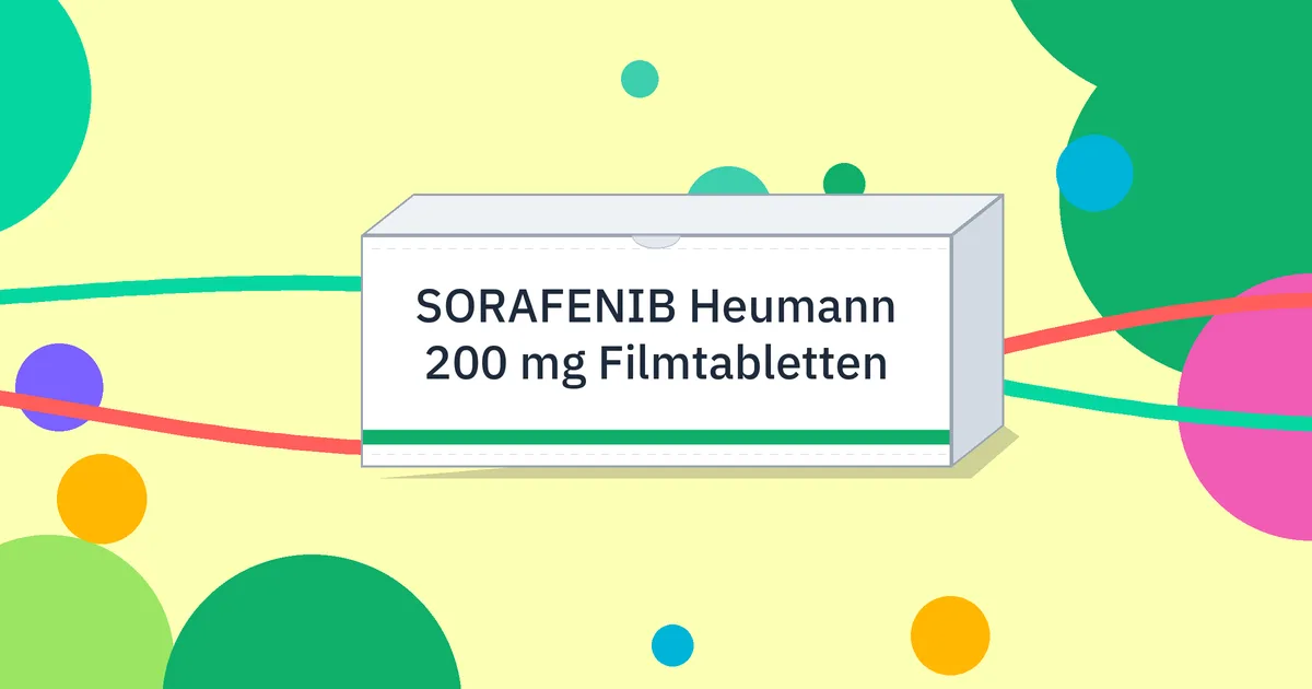 Symbolbild: Packung mit der Aufschrift SORAFENIB Heumann 200 mg Filmtabletten (PZN 18779596) – Verfügbarkeit und Bezug in Apotheken in Frankfurt am Main