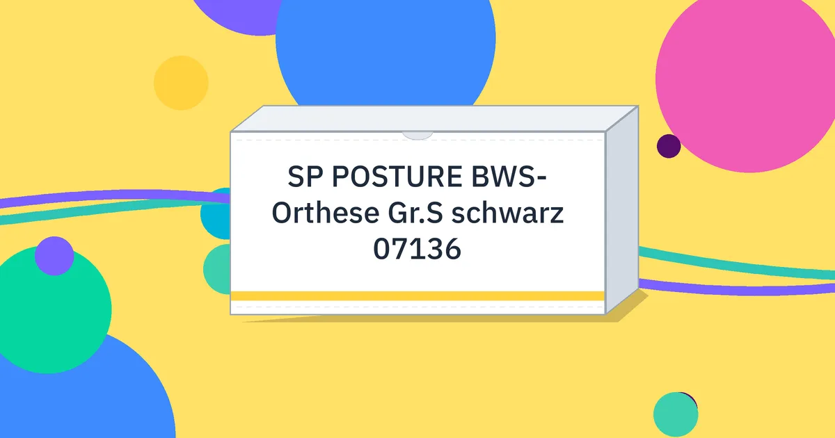 Symbolbild: Packung mit der Aufschrift SP POSTURE BWS-Orthese Gr.S schwarz 07136 (PZN 20309863) – Verfügbarkeit und Bezug in Apotheken in Frankfurt am Main