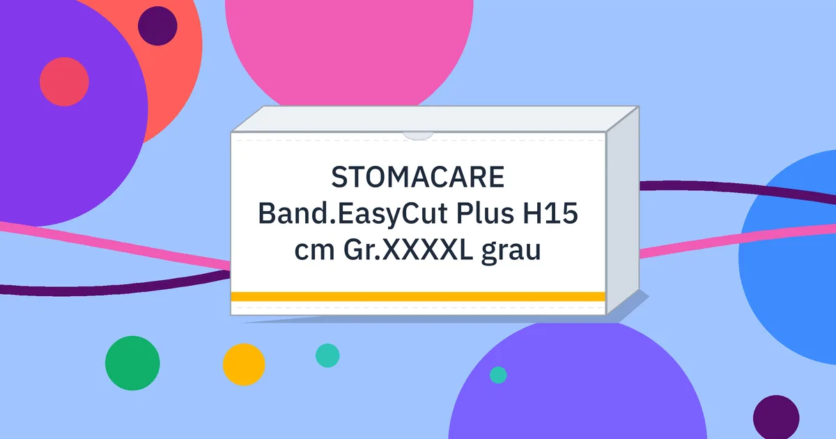 Symbolbild: Packung mit der Aufschrift STOMACARE Band.EasyCut Plus H15 cm Gr.XXXXL grau (PZN 16314551) – Verfügbarkeit und Bezug in Apotheken in Frankfurt am Main