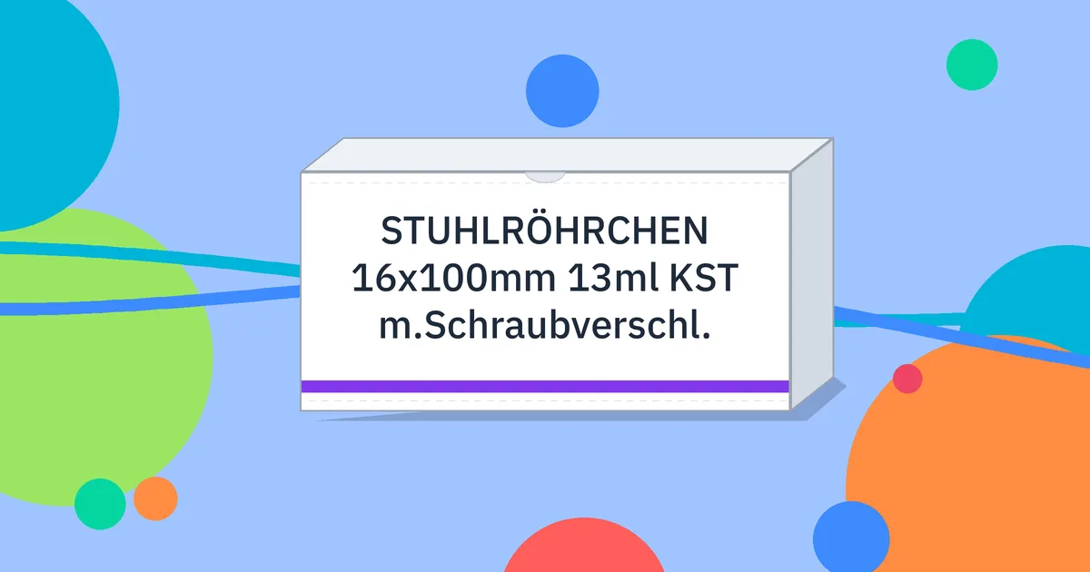 Symbolbild: Packung mit der Aufschrift STUHLRÖHRCHEN 16x100mm 13ml KST m.Schraubverschl. (PZN 09729027) – Verfügbarkeit und Bezug in Apotheken in Frankfurt am Main