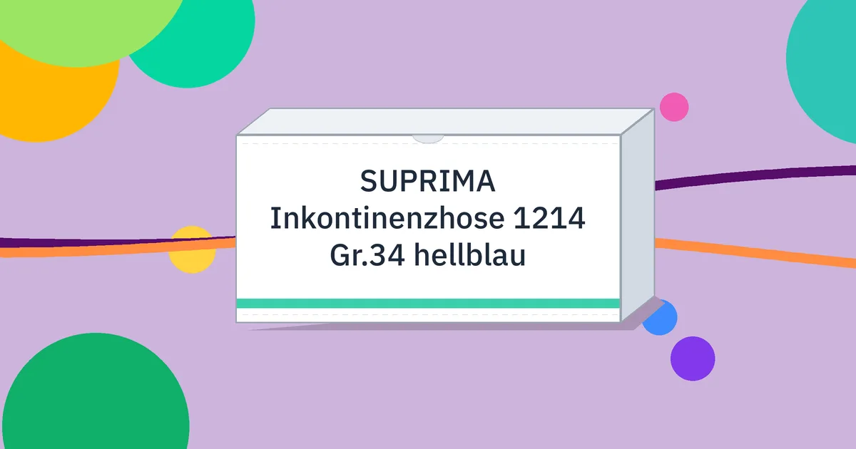Symbolbild: Packung mit der Aufschrift SUPRIMA Inkontinenzhose 1214 Gr.34 hellblau (PZN 03025466) – Verfügbarkeit und Bezug in Apotheken in Frankfurt am Main