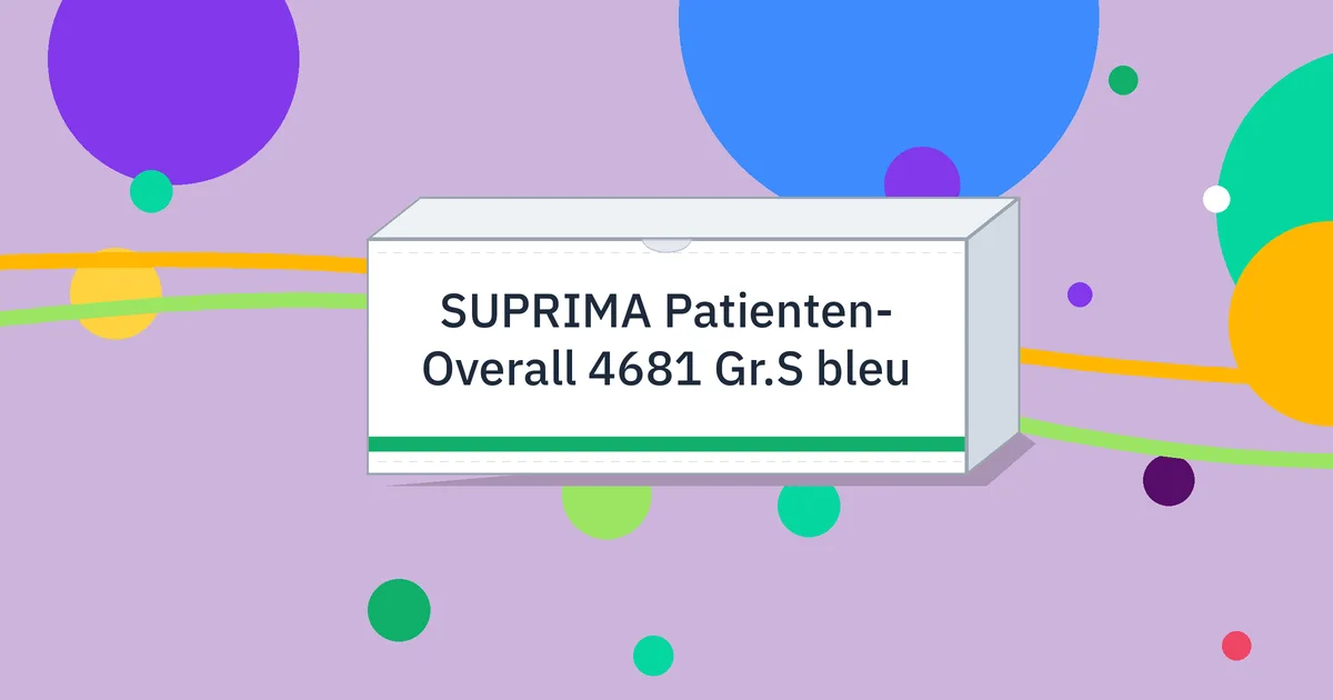 Symbolbild: Packung mit der Aufschrift SUPRIMA Patienten-Overall 4681 Gr.S bleu (PZN 01550205) – Verfügbarkeit und Bezug in Apotheken in Frankfurt am Main