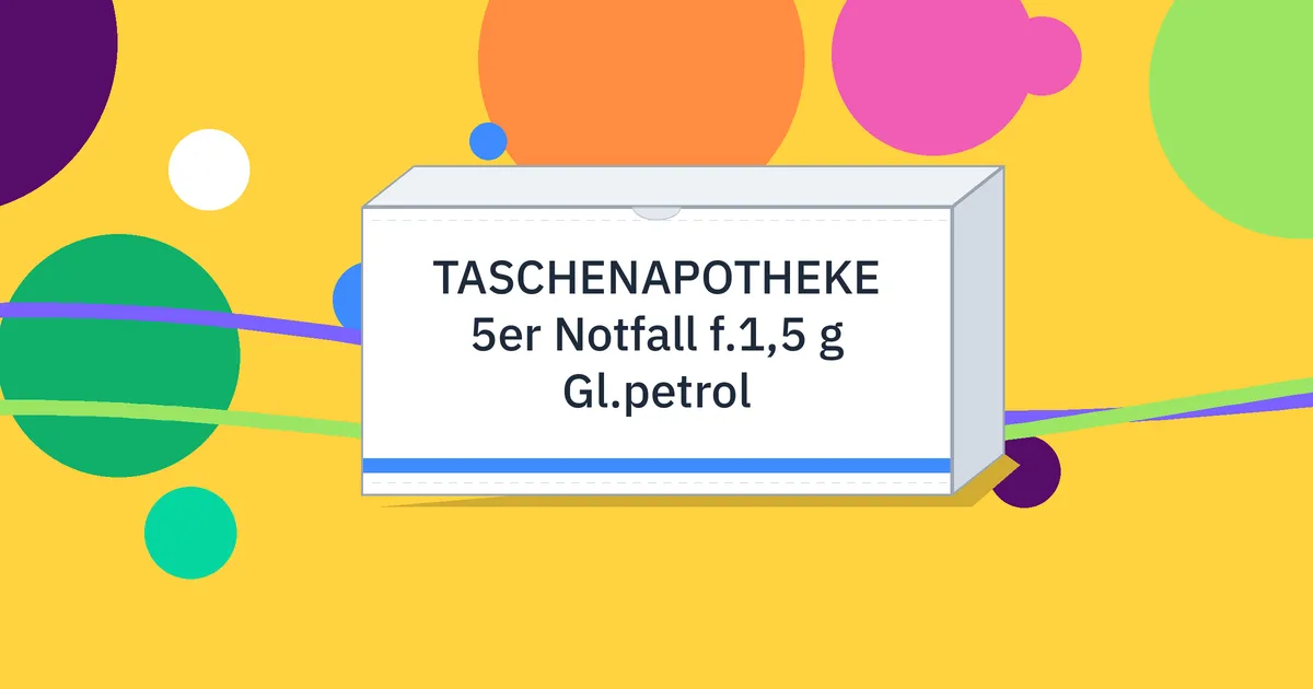 Symbolbild: Packung mit der Aufschrift TASCHENAPOTHEKE 5er Notfall f.1,5 g Gl.petrol (PZN 01892472) – Verfügbarkeit und Bezug in Apotheken in Frankfurt am Main