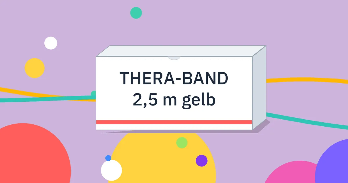Symbolbild: Packung mit der Aufschrift THERA-BAND 2,5 m gelb (PZN 19517183) – Verfügbarkeit und Bezug in Apotheken in Frankfurt am Main