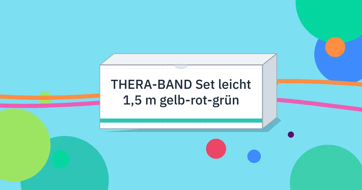 Symbolbild: Packung mit der Aufschrift THERA-BAND Set leicht 1,5 m gelb-rot-grün (PZN 01027981) – Verfügbarkeit und Bezug in Apotheken in Frankfurt am Main