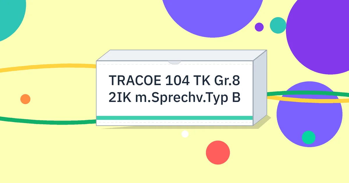 Symbolbild: Packung mit der Aufschrift TRACOE 104 TK Gr.8 2IK m.Sprechv.Typ B (PZN 02141041) – Verfügbarkeit und Bezug in Apotheken in Frankfurt am Main