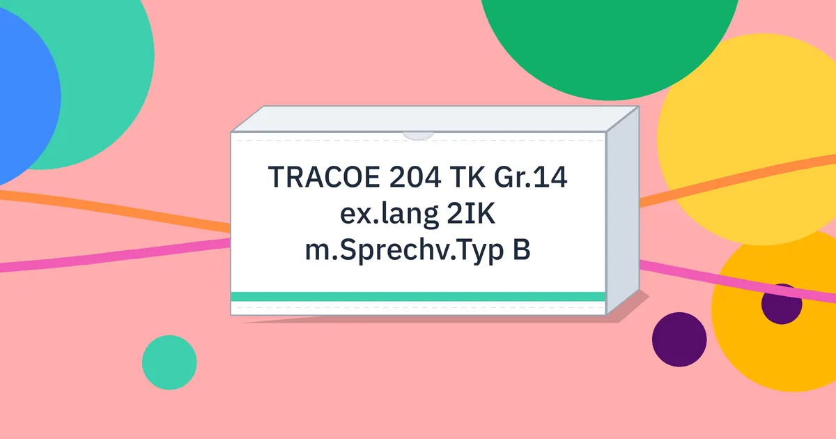 Symbolbild: Packung mit der Aufschrift TRACOE 204 TK Gr.14 ex.lang 2IK m.Sprechv.Typ B (PZN 00918815) – Verfügbarkeit und Bezug in Apotheken in Frankfurt am Main