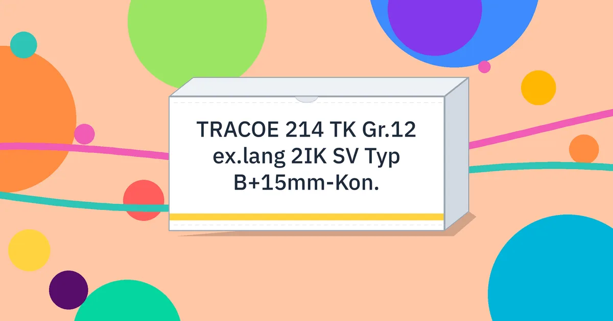 Symbolbild: Packung mit der Aufschrift TRACOE 214 TK Gr.12 ex.lang 2IK SV Typ B+15mm-Kon. (PZN 11643540) – Verfügbarkeit und Bezug in Apotheken in Frankfurt am Main
