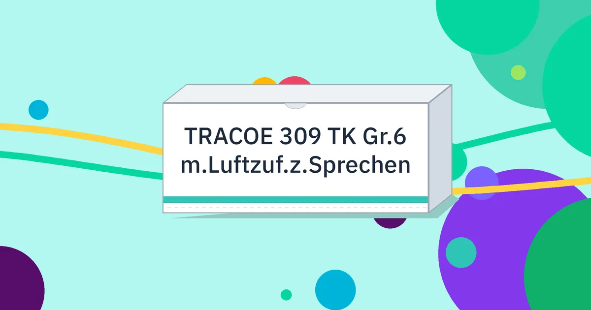 Symbolbild: Packung mit der Aufschrift TRACOE 309 TK Gr.6 m.Luftzuf.z.Sprechen (PZN 00921668) – Verfügbarkeit und Bezug in Apotheken in Frankfurt am Main