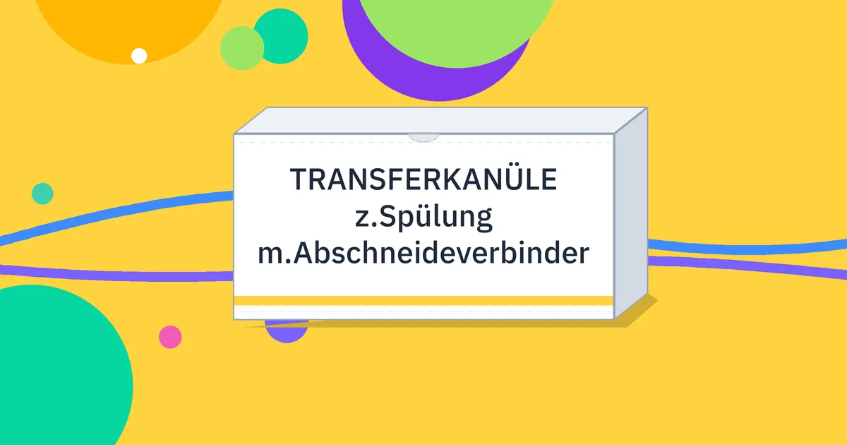 Symbolbild: Packung mit der Aufschrift TRANSFERKANÜLE z.Spülung m.Abschneideverbinder (PZN 17489330) – Verfügbarkeit und Bezug in Apotheken in Frankfurt am Main