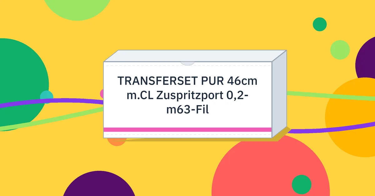 Symbolbild: Packung mit der Aufschrift TRANSFERSET PUR 46cm m.CL Zuspritzport 0,2-m63-Fil (PZN 19443852) – Verfügbarkeit und Bezug in Apotheken in Frankfurt am Main