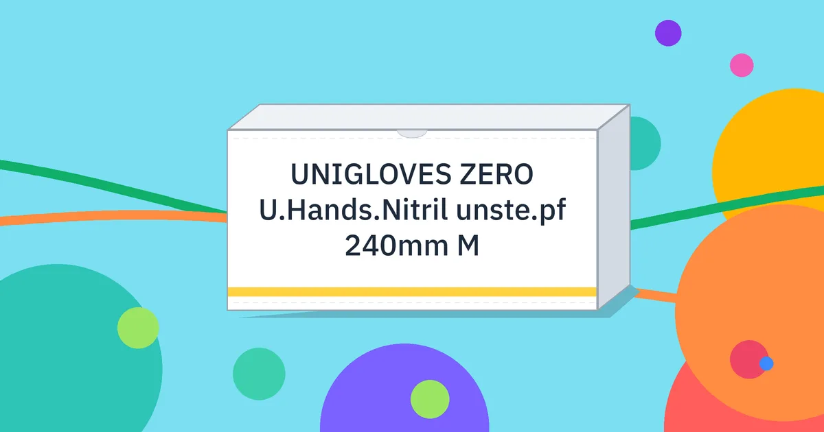 Symbolbild: Packung mit der Aufschrift UNIGLOVES ZERO U.Hands.Nitril unste.pf 240mm M (PZN 20079104) – Verfügbarkeit und Bezug in Apotheken in Frankfurt am Main