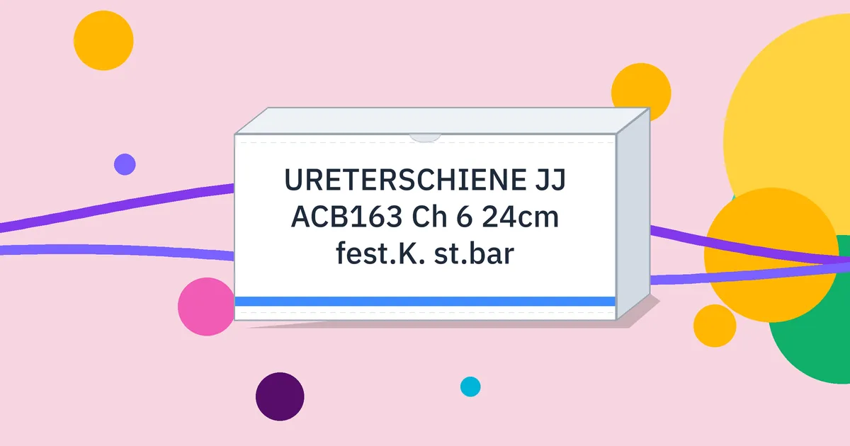 Symbolbild: Packung mit der Aufschrift URETERSCHIENE JJ ACB163 Ch 6 24cm fest.K. st.bar (PZN 00752065) – Verfügbarkeit und Bezug in Apotheken in Frankfurt am Main
