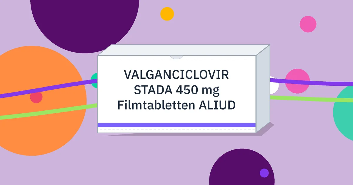 Symbolbild: Packung mit der Aufschrift VALGANCICLOVIR STADA 450 mg Filmtabletten ALIUD (PZN 13197435) – Verfügbarkeit und Bezug in Apotheken in Frankfurt am Main