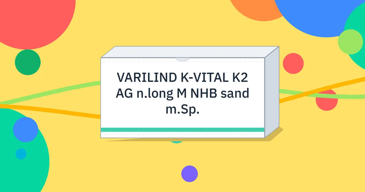 Symbolbild: Packung mit der Aufschrift VARILIND K-VITAL K2 AG n.long M NHB sand m.Sp. (PZN 20564265) – Verfügbarkeit und Bezug in Apotheken in Frankfurt am Main