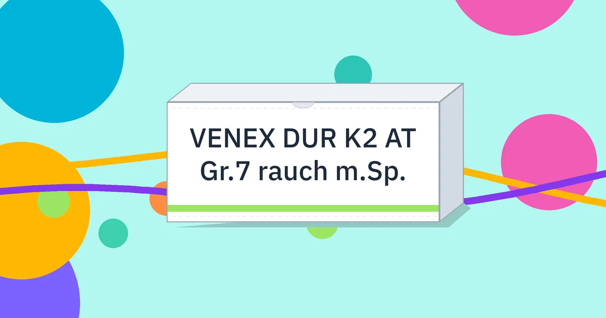 Symbolbild: Packung mit der Aufschrift VENEX DUR K2 AT Gr.7 rauch m.Sp. (PZN 03221724) – Verfügbarkeit und Bezug in Apotheken in Frankfurt am Main