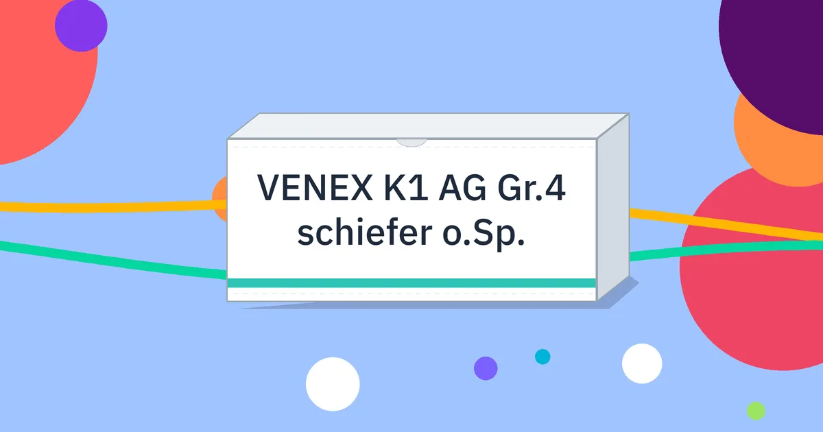 Symbolbild: Packung mit der Aufschrift VENEX K1 AG Gr.4 schiefer o.Sp. (PZN 03189475) – Verfügbarkeit und Bezug in Apotheken in Frankfurt am Main