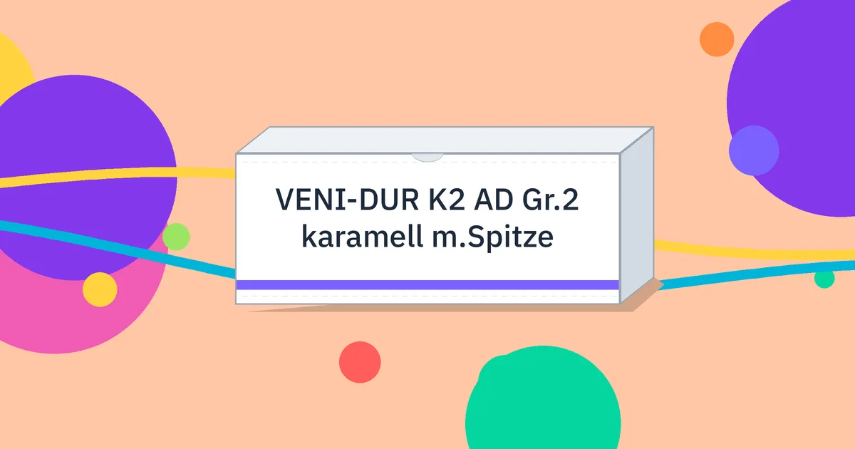 Symbolbild: Packung mit der Aufschrift VENI-DUR K2 AD Gr.2 karamell m.Spitze (PZN 13756188) – Verfügbarkeit und Bezug in Apotheken in Frankfurt am Main