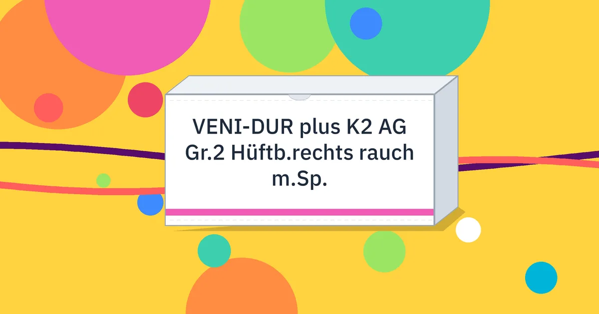 Symbolbild: Packung mit der Aufschrift VENI-DUR plus K2 AG Gr.2 Hüftb.rechts rauch m.Sp. (PZN 03255427) – Verfügbarkeit und Bezug in Apotheken in Frankfurt am Main