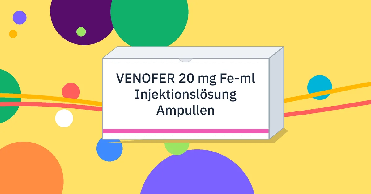 Symbolbild: Packung mit der Aufschrift VENOFER 20 mg Fe-ml Injektionslösung Ampullen (PZN 18055728) – Verfügbarkeit und Bezug in Apotheken in Frankfurt am Main