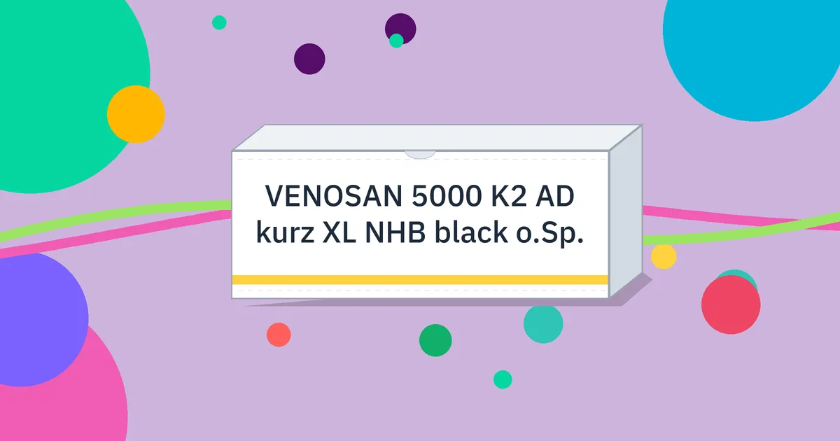 Symbolbild: Packung mit der Aufschrift VENOSAN 5000 K2 AD kurz XL NHB black o.Sp. (PZN 14433398) – Verfügbarkeit und Bezug in Apotheken in Frankfurt am Main