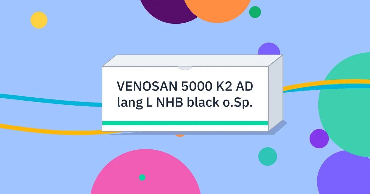 Symbolbild: Packung mit der Aufschrift VENOSAN 5000 K2 AD lang L NHB black o.Sp. (PZN 14433286) – Verfügbarkeit und Bezug in Apotheken in Frankfurt am Main