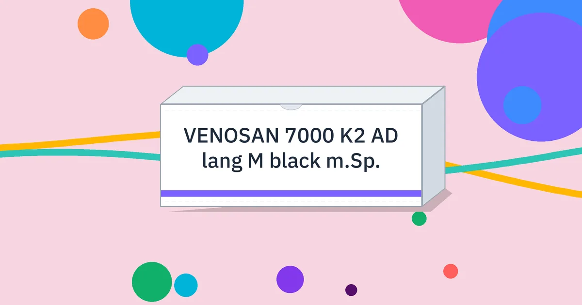 Symbolbild: Packung mit der Aufschrift VENOSAN 7000 K2 AD lang M black m.Sp. (PZN 14435575) – Verfügbarkeit und Bezug in Apotheken in Frankfurt am Main
