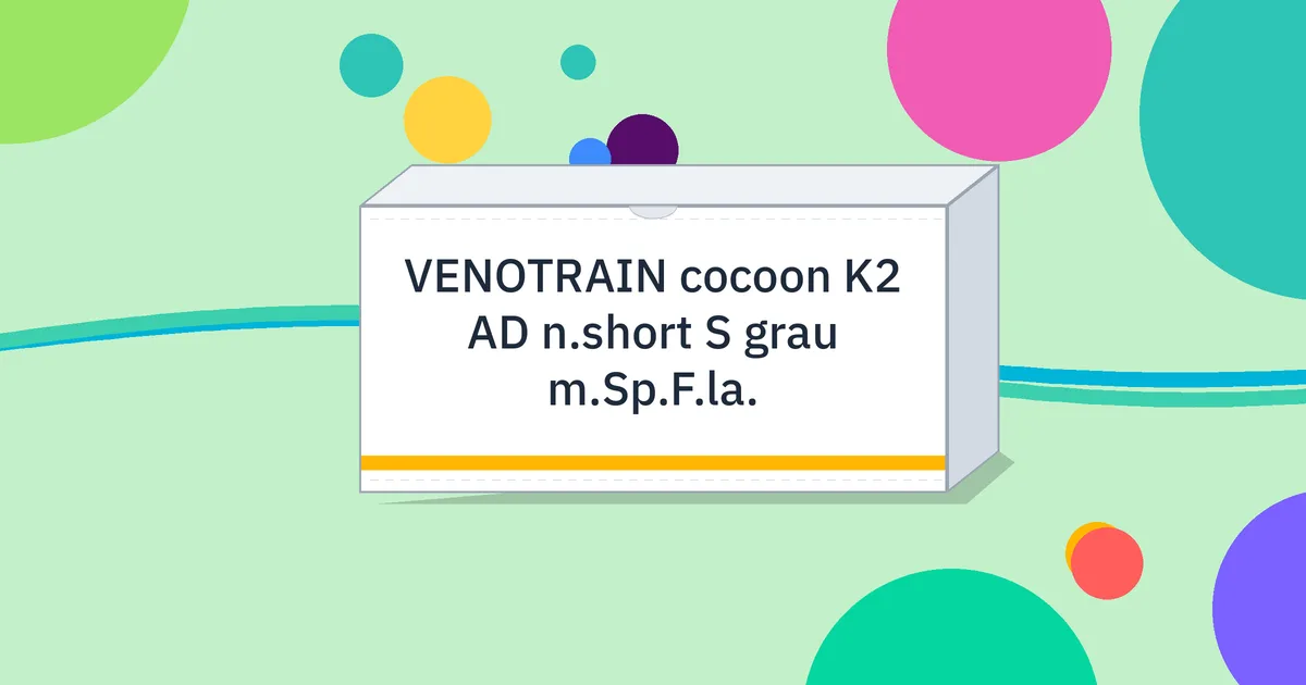 Symbolbild: Packung mit der Aufschrift VENOTRAIN cocoon K2 AD n.short S grau m.Sp.F.la. (PZN 19198683) – Verfügbarkeit und Bezug in Apotheken in Frankfurt am Main