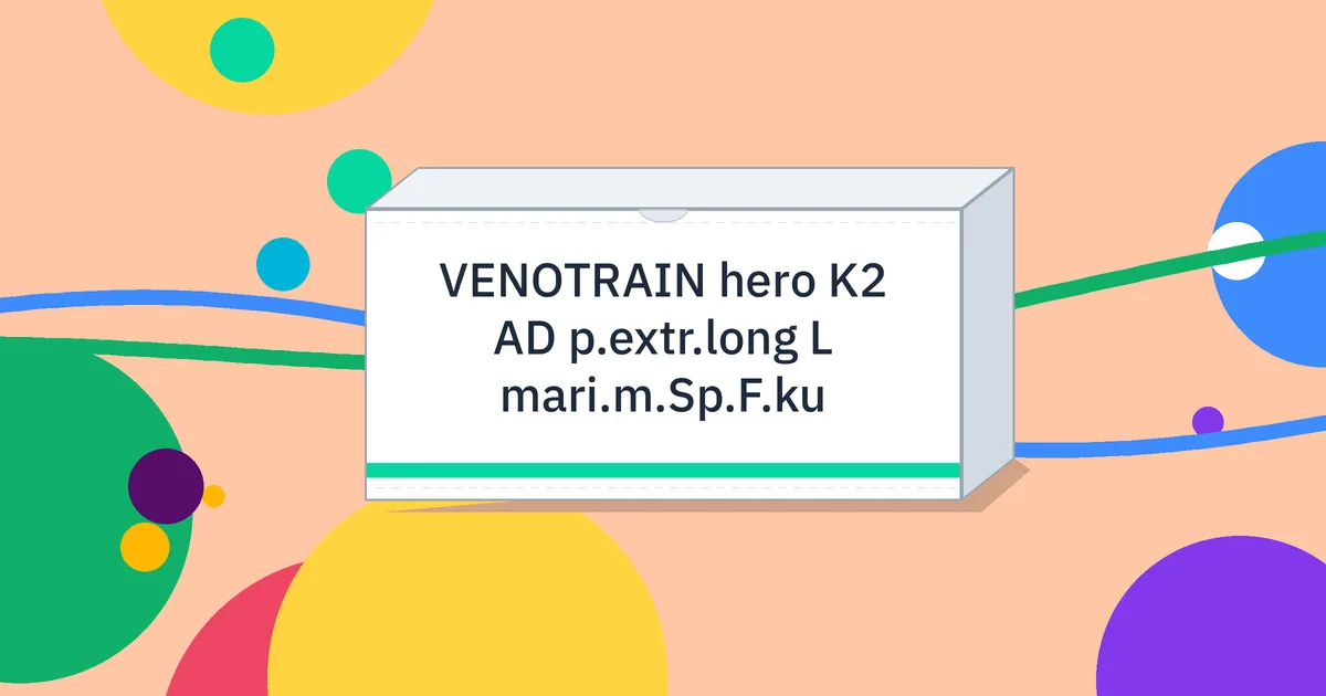 Symbolbild: Packung mit der Aufschrift VENOTRAIN hero K2 AD p.extr.long L mari.m.Sp.F.ku (PZN 19189230) – Verfügbarkeit und Bezug in Apotheken in Frankfurt am Main