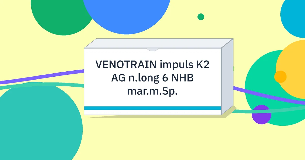 Symbolbild: Packung mit der Aufschrift VENOTRAIN impuls K2 AG n.long 6 NHB mar.m.Sp. (PZN 15214155) – Verfügbarkeit und Bezug in Apotheken in Frankfurt am Main