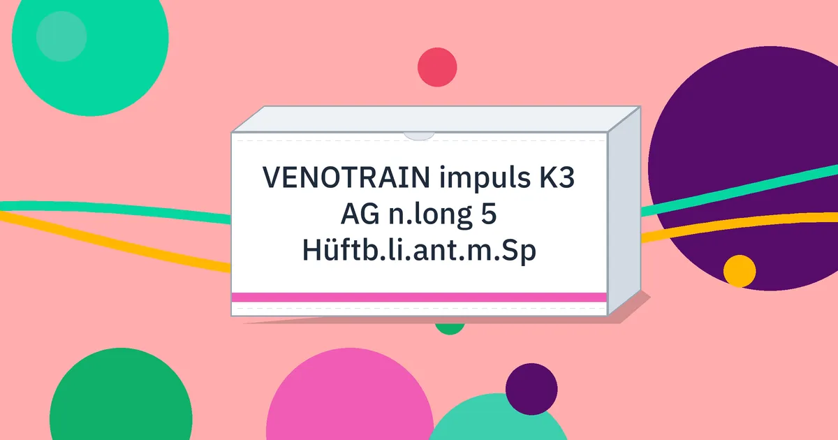 Symbolbild: Packung mit der Aufschrift VENOTRAIN impuls K3 AG n.long 5 Hüftb.li.ant.m.Sp (PZN 15220606) – Verfügbarkeit und Bezug in Apotheken in Frankfurt am Main