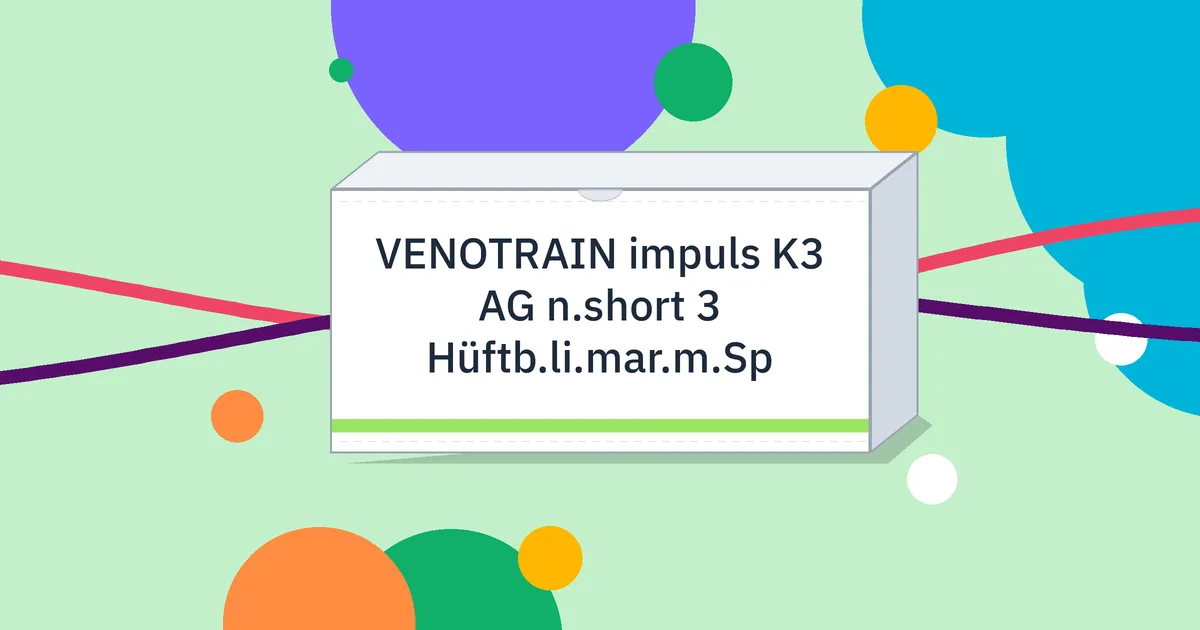 Symbolbild: Packung mit der Aufschrift VENOTRAIN impuls K3 AG n.short 3 Hüftb.li.mar.m.Sp (PZN 15219945) – Verfügbarkeit und Bezug in Apotheken in Frankfurt am Main
