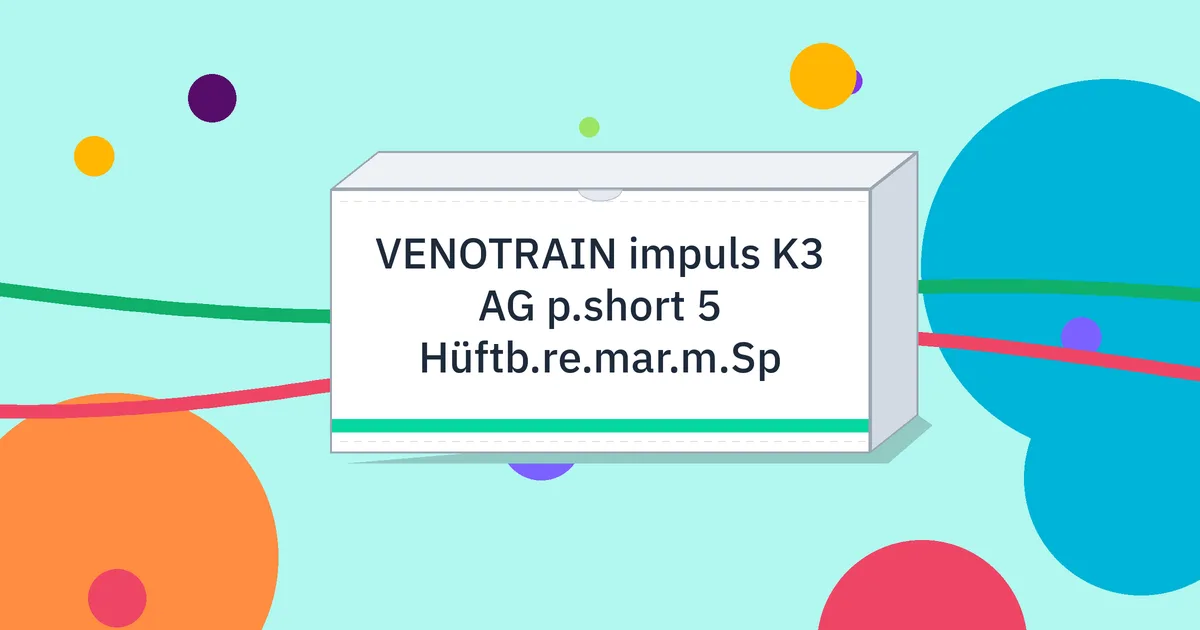 Symbolbild: Packung mit der Aufschrift VENOTRAIN impuls K3 AG p.short 5 Hüftb.re.mar.m.Sp (PZN 15217722) – Verfügbarkeit und Bezug in Apotheken in Frankfurt am Main